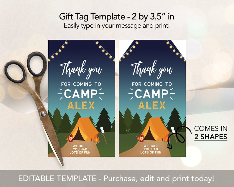 EDITABLE Camping Birthday Gift Tag Camping Party Favor - Etsy