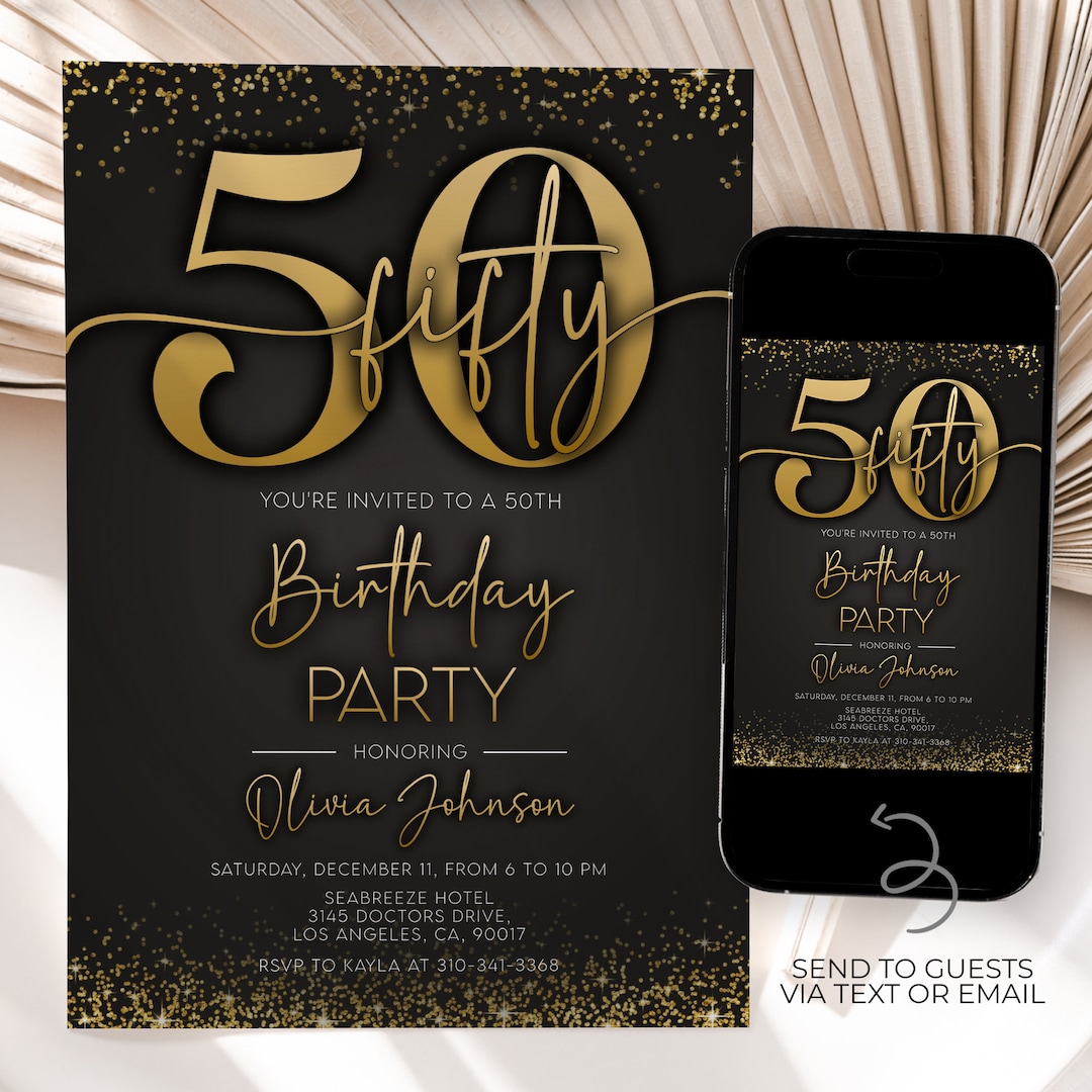Black and Gold Birthday Invitation, Editable 50th Confetti Birthday ...