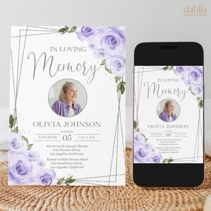 Funeral Invitation Template, Editable Lilac Purple Floral Funeral ...