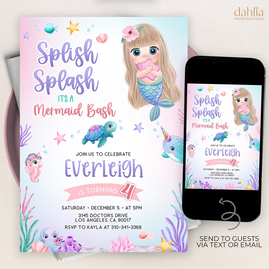 Under the Sea Birthday Invitation, EDITABLE Cute Mermaid Party Template ...