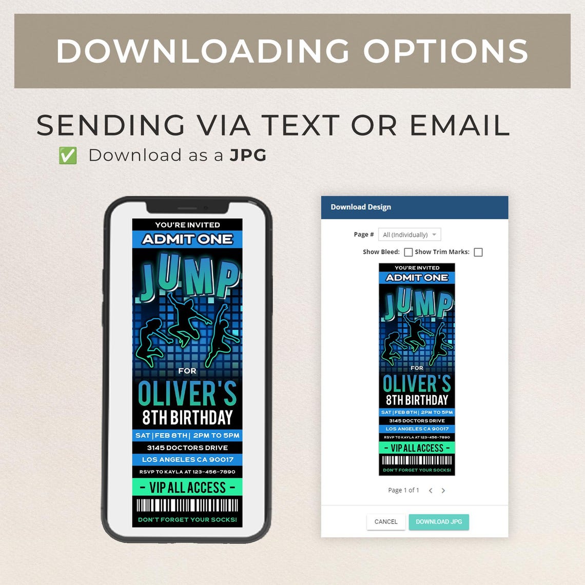 Jump Ticket Invitation, Editable Jump Birthday Invite, Blue Trampoline ...