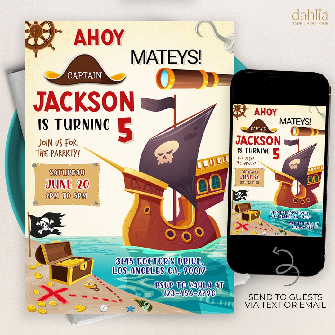 Pirate Birthday Invitation, EDITABLE Pirate Ship Party Invite, Treasure ...