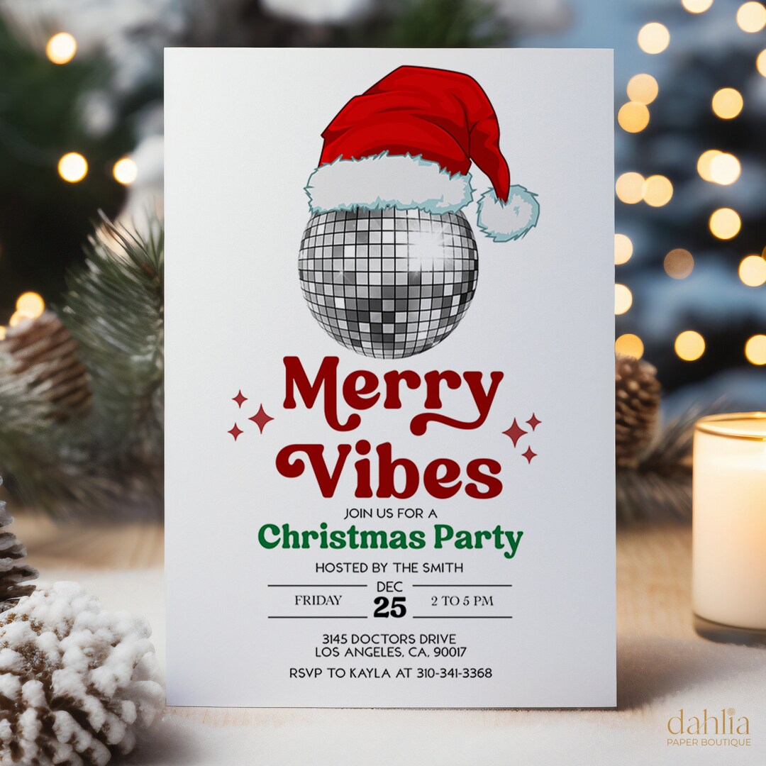 Retro Christmas Party Invite Editable Santa Disco Hat - Etsy UK