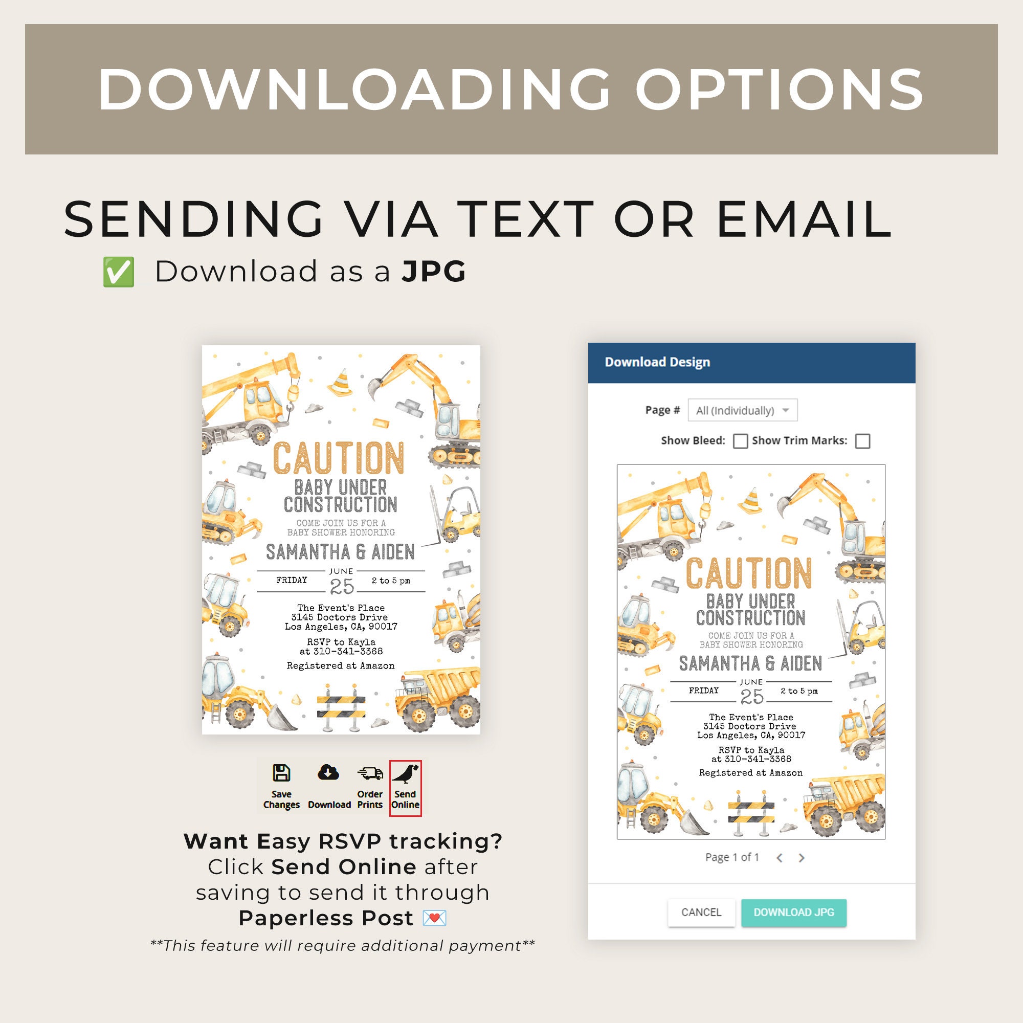 Modern Construction Baby Shower Invitation Set, EDITABLE Dump Trucks ...