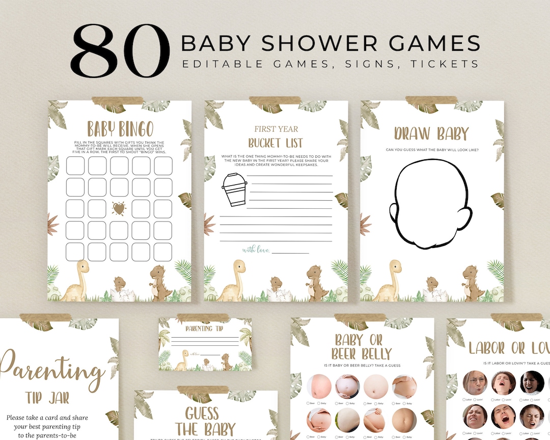 EDITABLE 80 Dinosaur Baby Shower Games, It's a Boy Baby Shower Game ...