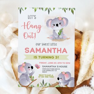 Koala Birthday Invitation, EDITABLE Cute Koala Bear Party Invite ...