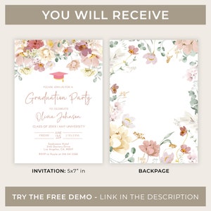 Graduation Party Invitation Template Editable, Wildflower Graduation ...