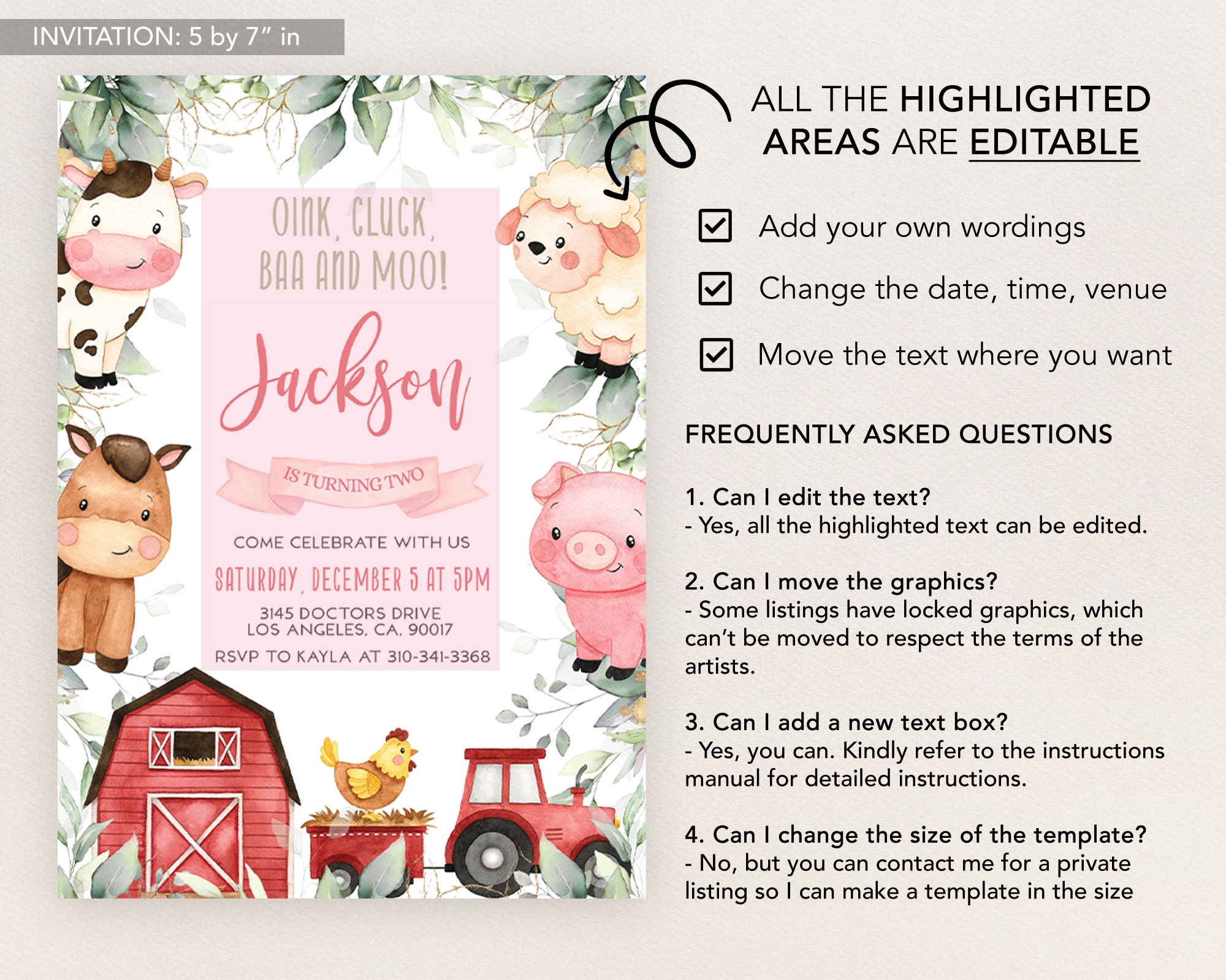 EDITABLE Farm Birthday Invitation Barn Animals Party Invite | Etsy UK