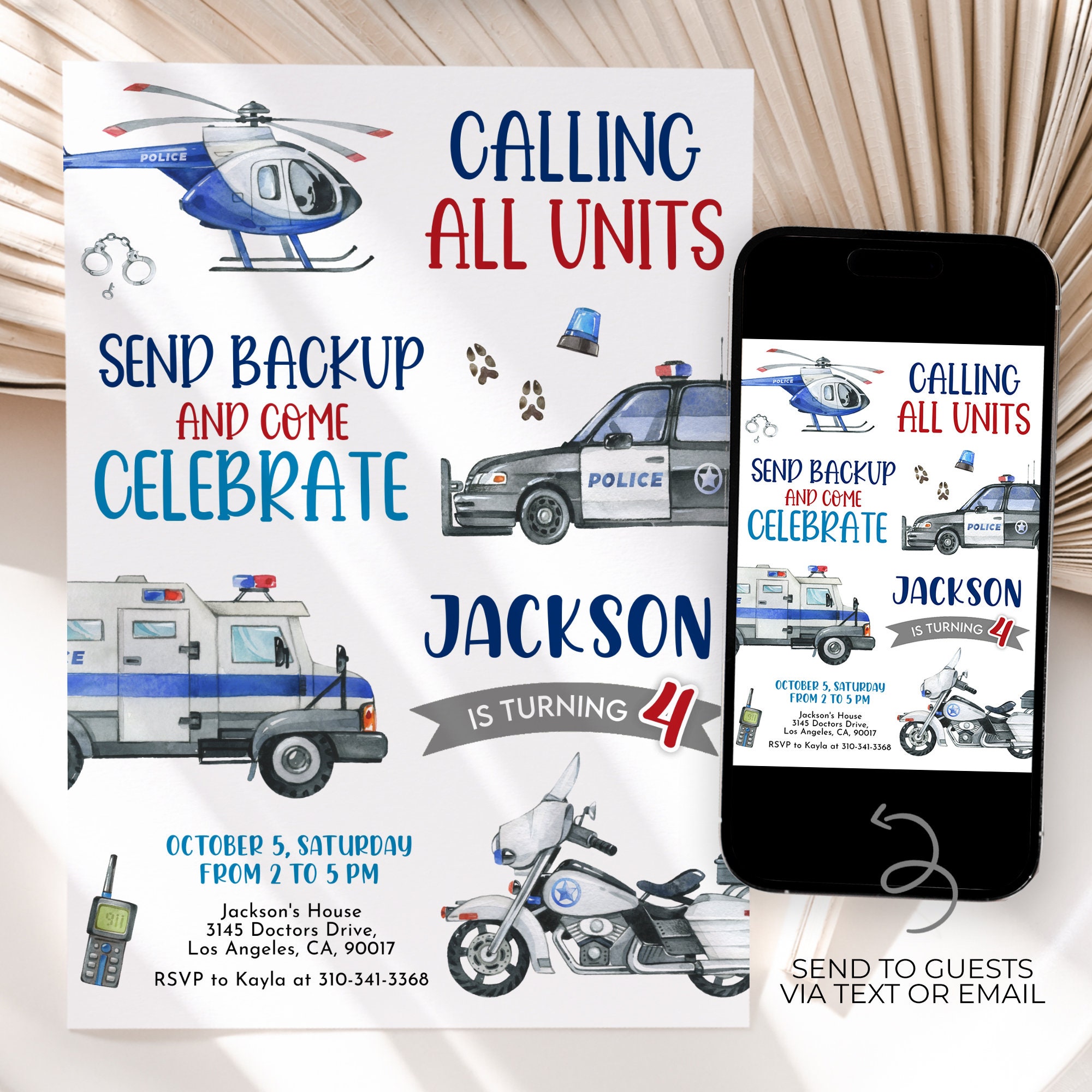Emergency Vehicles Birthday Invitation, EDITABLE Police Party Invite ...