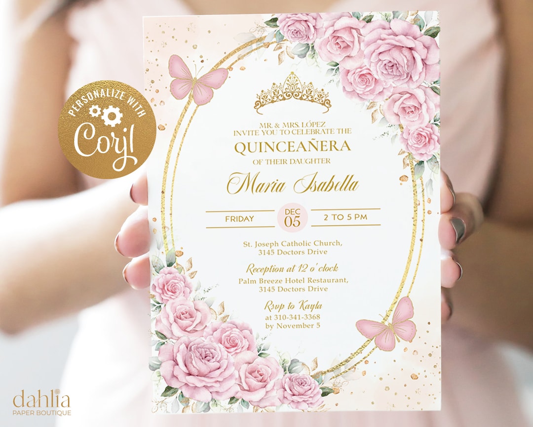 Blush Pink and Gold Quinceañera Invitation, EDITABLE Pastel Butterfly ...