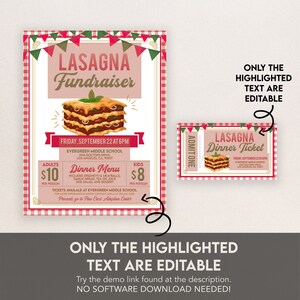 Editable Lasagna Dinner Fundraiser Flyer Ticket, PTA PTO School Church ...
