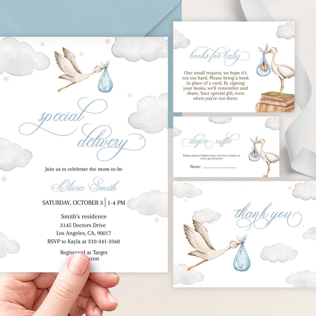 Blue Stork Baby Shower Invitation Set, EDITABLE Special Delivery Baby ...