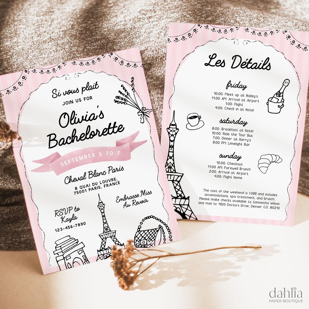 Hand Drawn Paris Bachelorette Invitation, Editable Coquette French ...