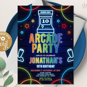 EDITABLE Arcade Party Invitation, Gamer Birthday Invite, Blue Glow Neon ...