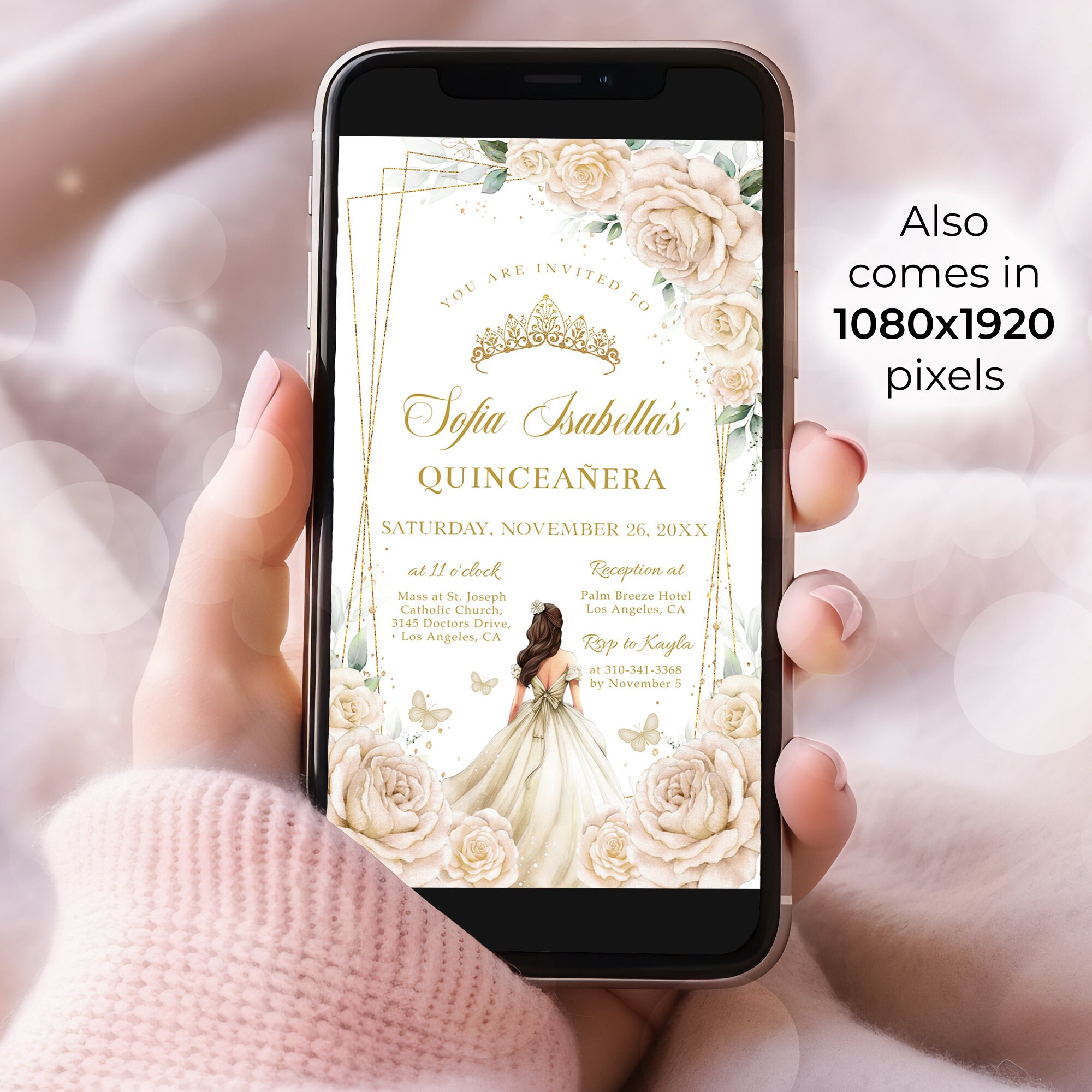 Champagne Creme and Gold Quinceañera Digital Invitation, EDITABLE ...