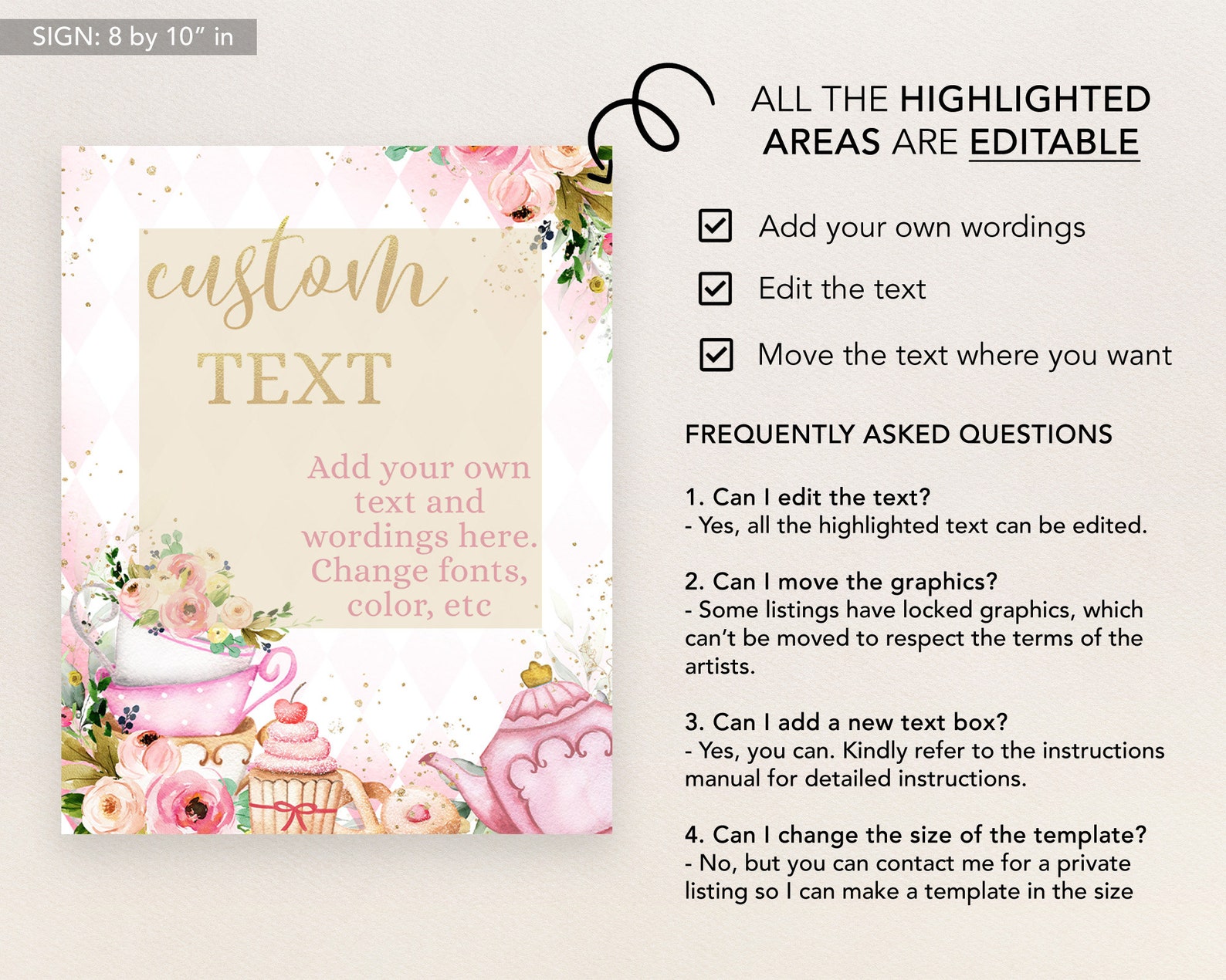 EDITABLE Tea Party Birthday Custom Text Sign Pink & Gold - Etsy