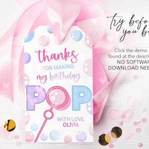 Bubble Party Thank You for Coming Gift Tag, EDITABLE Summer Party Favor ...