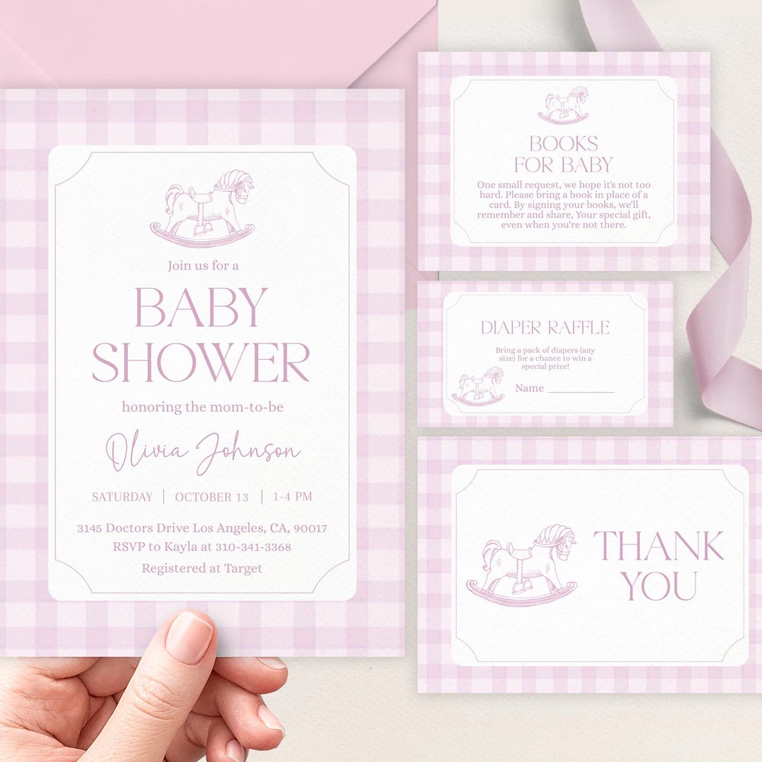 EDITABLE Preppy Pink Gingham Baby Shower Invitation Set, Vintage ...