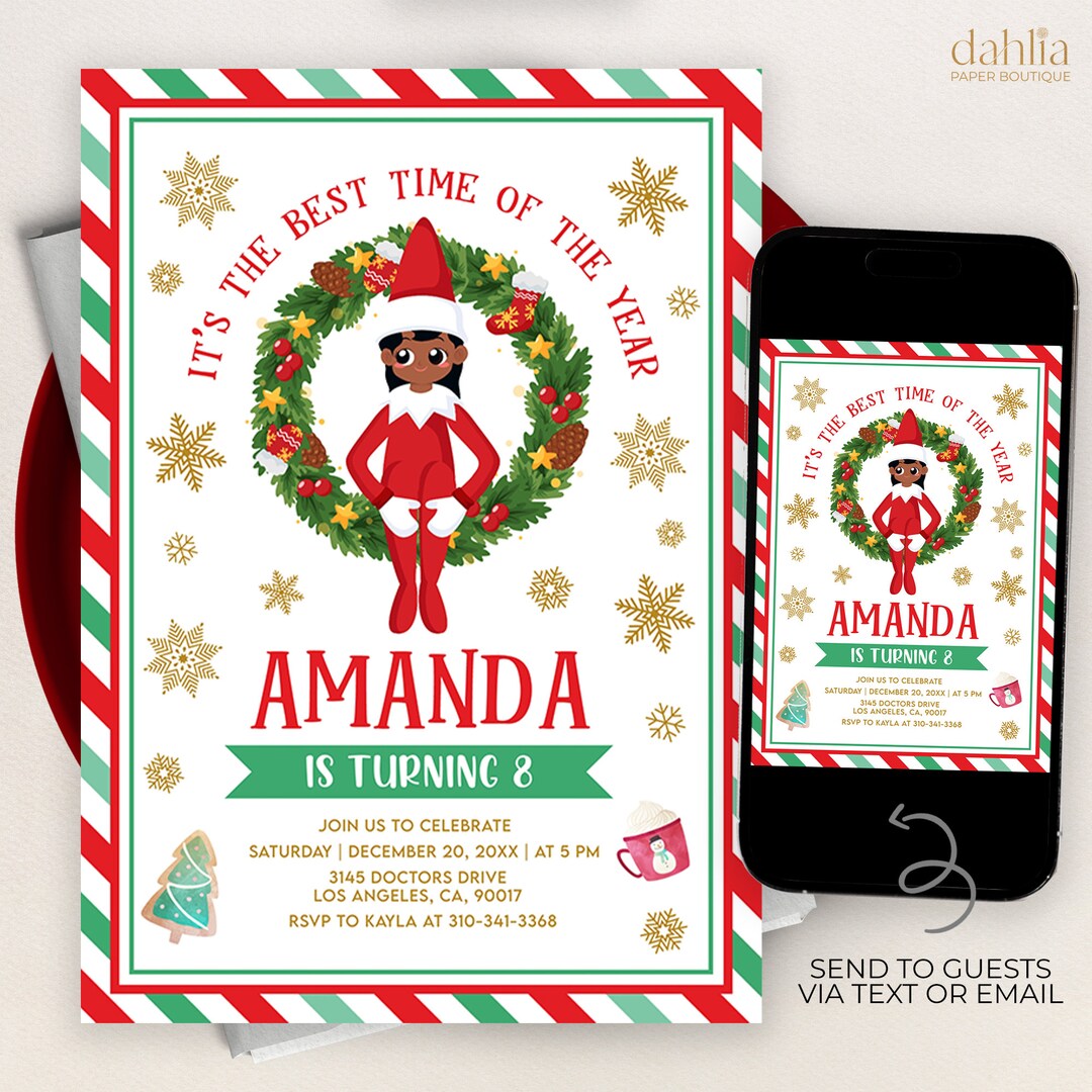 Editable Elf Birthday Invitation, Christmas Girl Brown Skin Party ...
