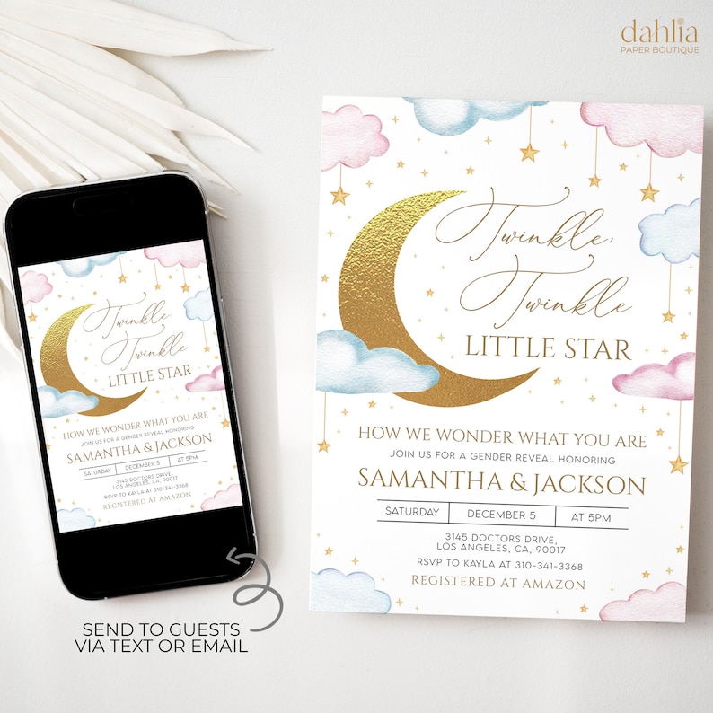 Twinkle Twinkle Little Star Gender Reveal Invitation, Gold Moon and ...