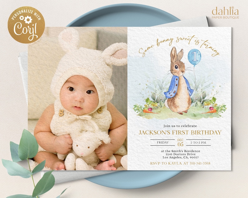 Peter Rabbit First Birthday Invite With Photo Editable Rustic - Etsy