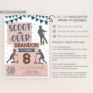 Scooter Birthday Invitation, EDITABLE Blue Skating Party Invite, Bike ...