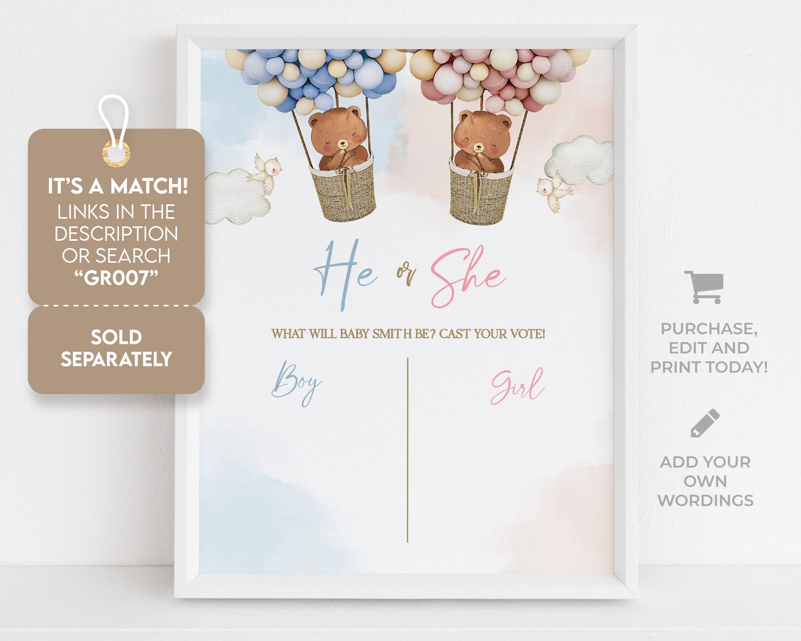 Teddy Bears Gender Reveal Invitation Hot Air Balloon Gender - Etsy