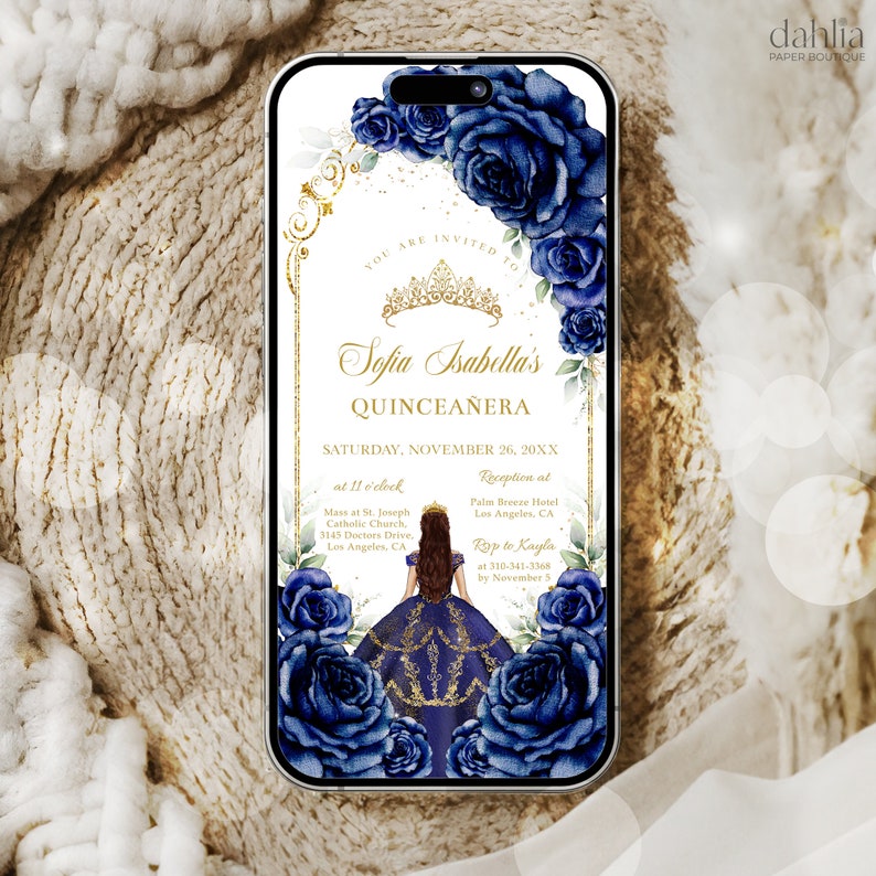 Navy Blue and Gold Quinceañera Digital Invitation, EDITABLE Tiara ...