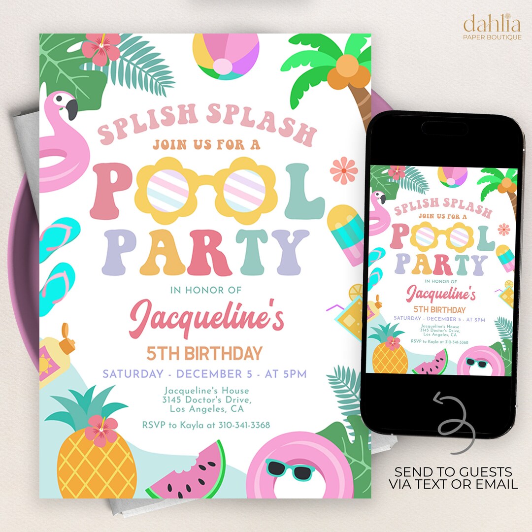 Pool Party Birthday Invitation, EDITABLE Splish Slash Party Invite ...