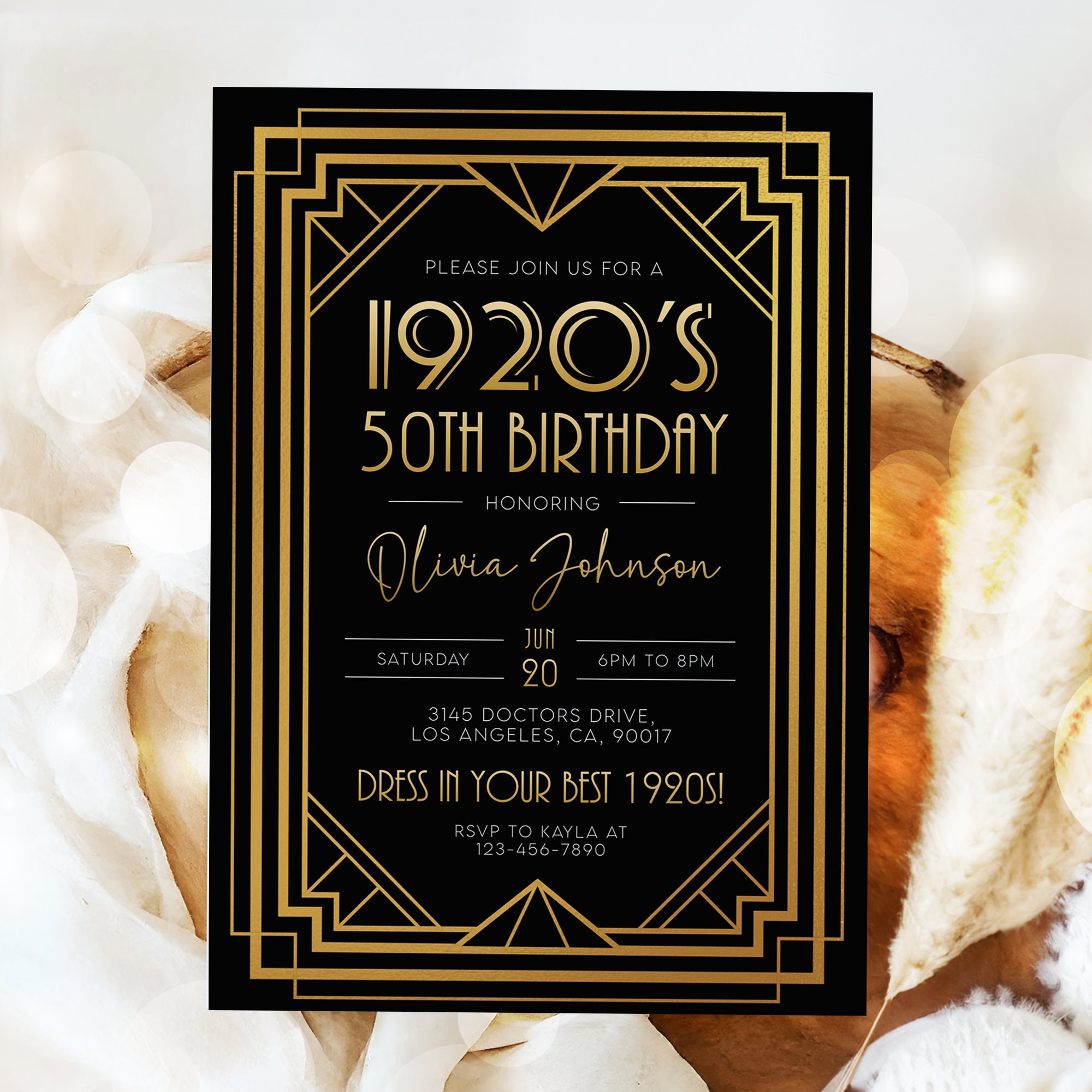 Editable 1920s Art Deco Birthday Invitation, 30th 40th 50th Birthday ...