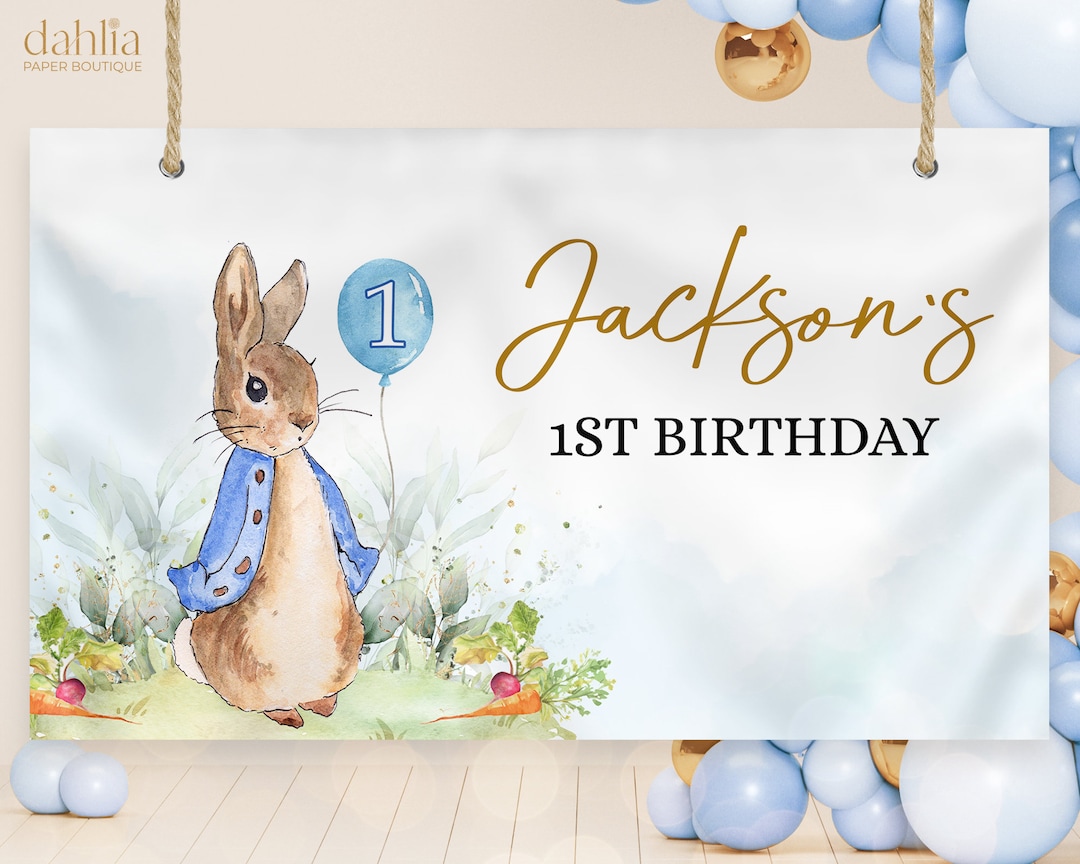 Peter Rabbit Birthday Backdrop, EDITABLE Rustic Bunny Party Banner ...