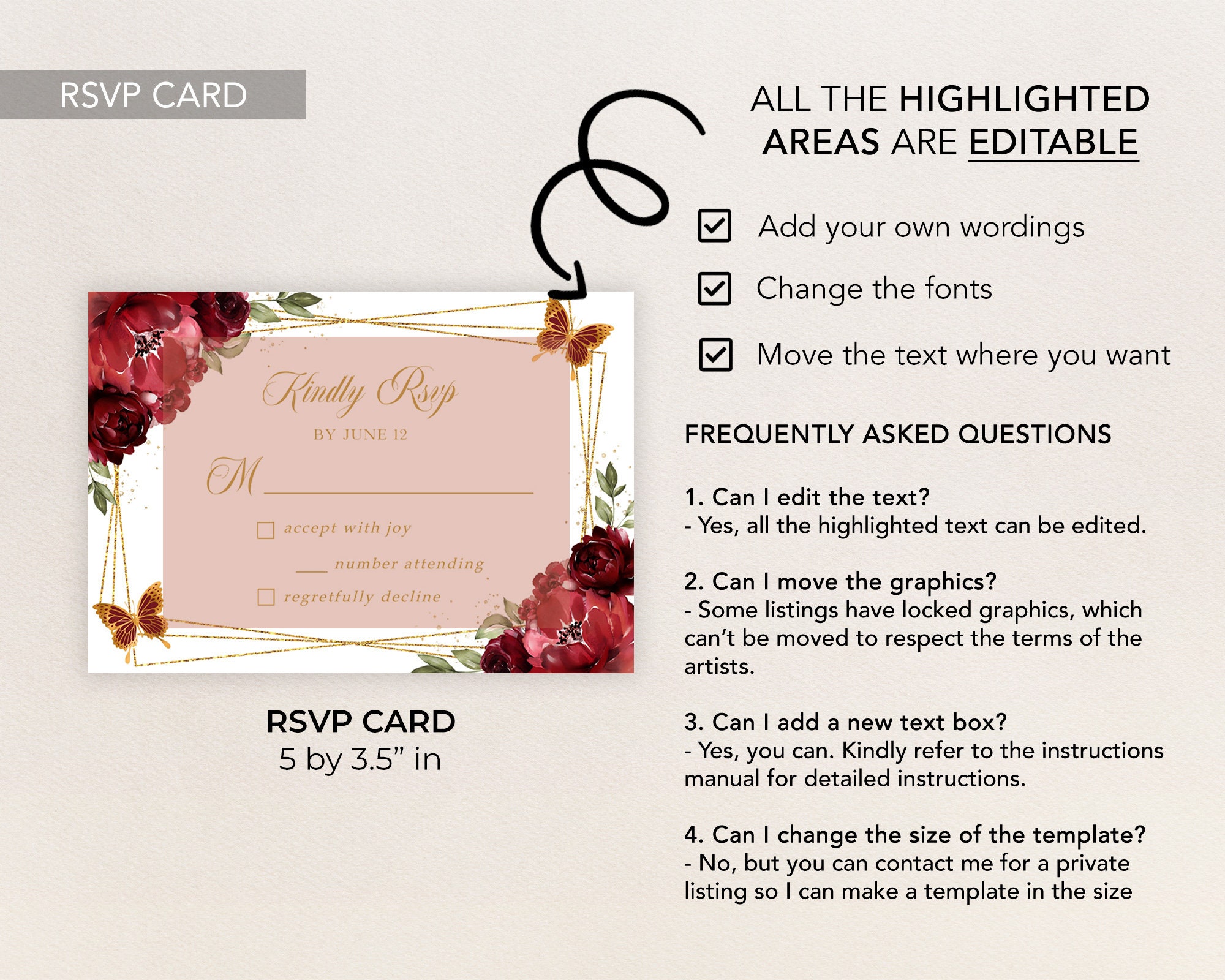 Quinceañera RSVP Card Template Burgundy Gold Floral Quince - Etsy