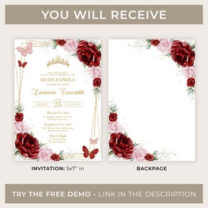 Blush Pink & Red Roses Quinceañera Invitation, EDITABLE Butterfly 15th ...