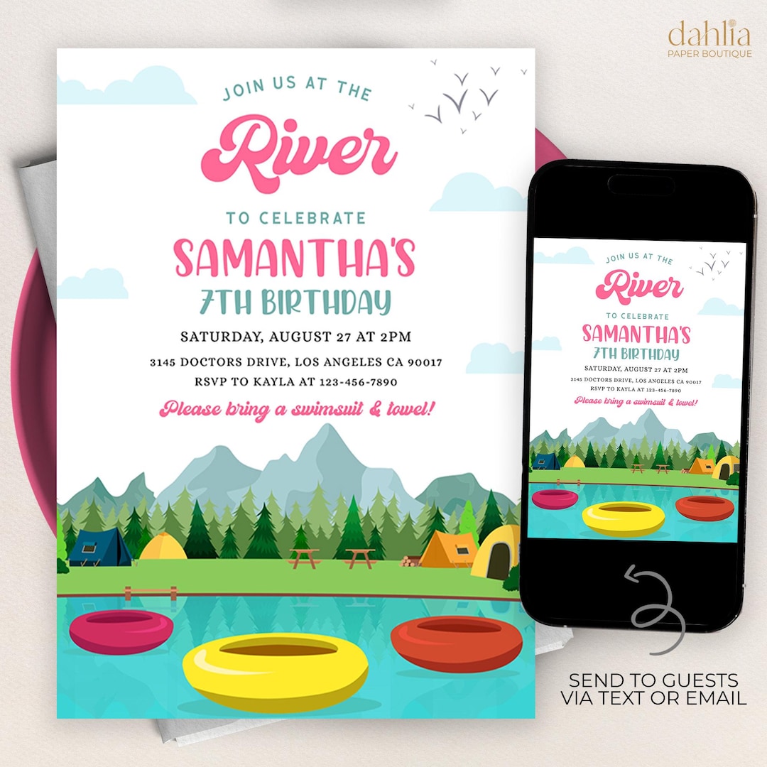 River Tubbing Birthday Invitation, EDITABLE Summer Lake Party Invite ...