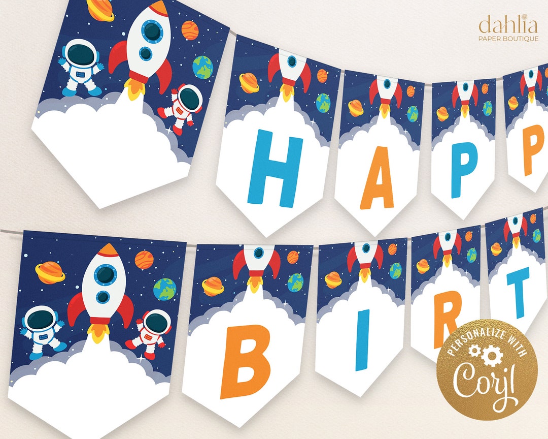 EDITABLE Space Happy Birthday Banner, Galaxy Birthday Banner, Boy Blue ...
