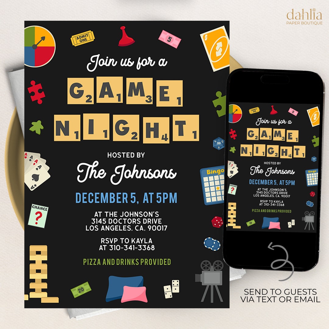 Game Night Invitation, EDITABLE House Party Invite, Board Games ...