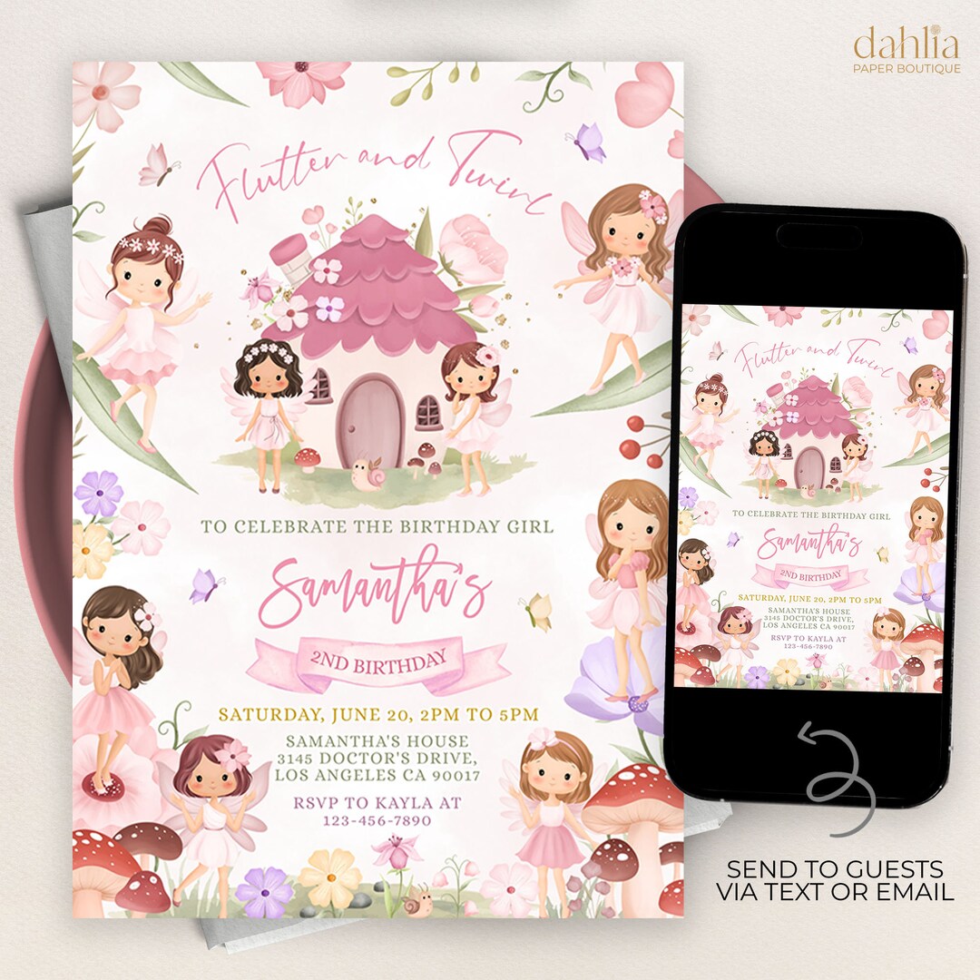 Pink Fairy Birthday Invitation, EDITABLE Magical Garden Butterfly ...