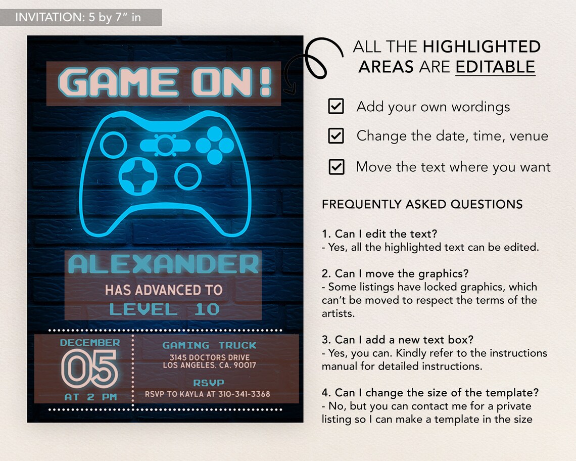 EDITABLE Video Game Party Invitation Gamer Birthday Invite - Etsy