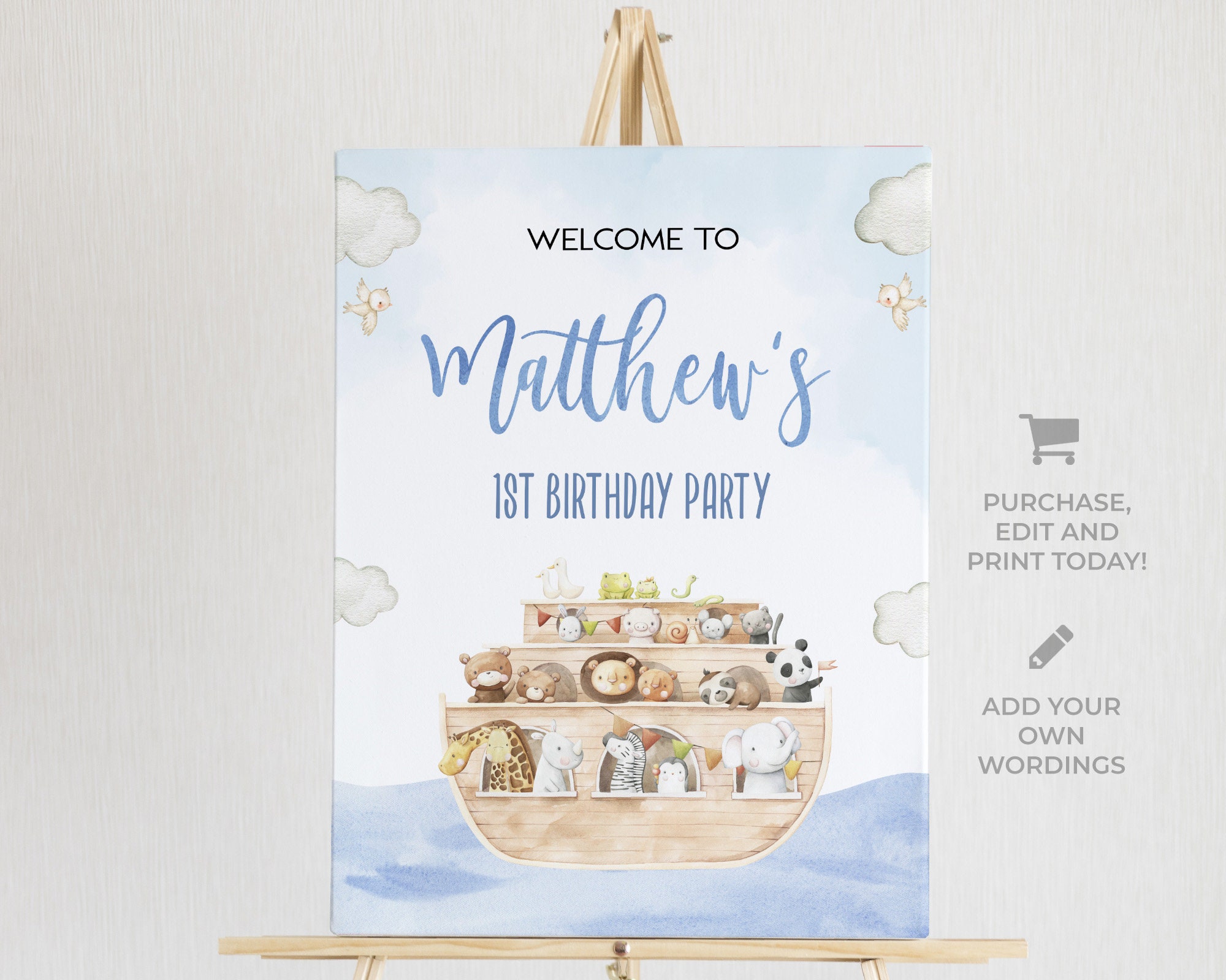 Noah's Ark Welcome Sign, Editable Boat Animals Kids Birthday Party ...