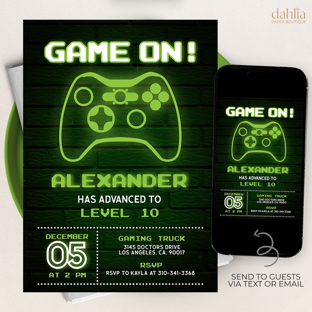 EDITABLE Video Game Party Invitation, Gamer Birthday Invite, Green Glow ...