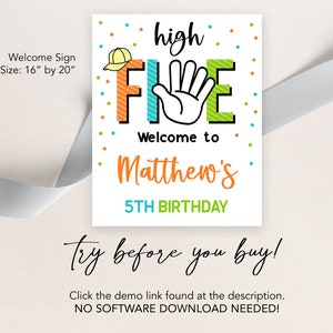 High Five Birthday Welcome Sign, Editable Hi Five Party Decor Template ...