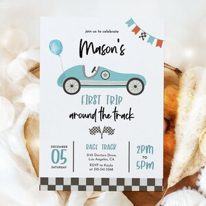 Blue Race Car First Birthday Invitation Template, First Trip Around the ...