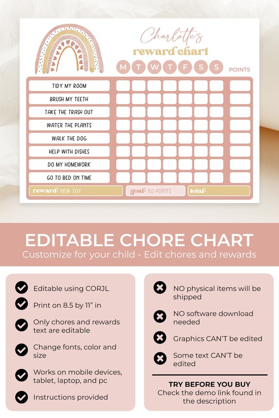 EDITABLE Kids Rainbow Chore Chart, Printable Responsibility Chart ...