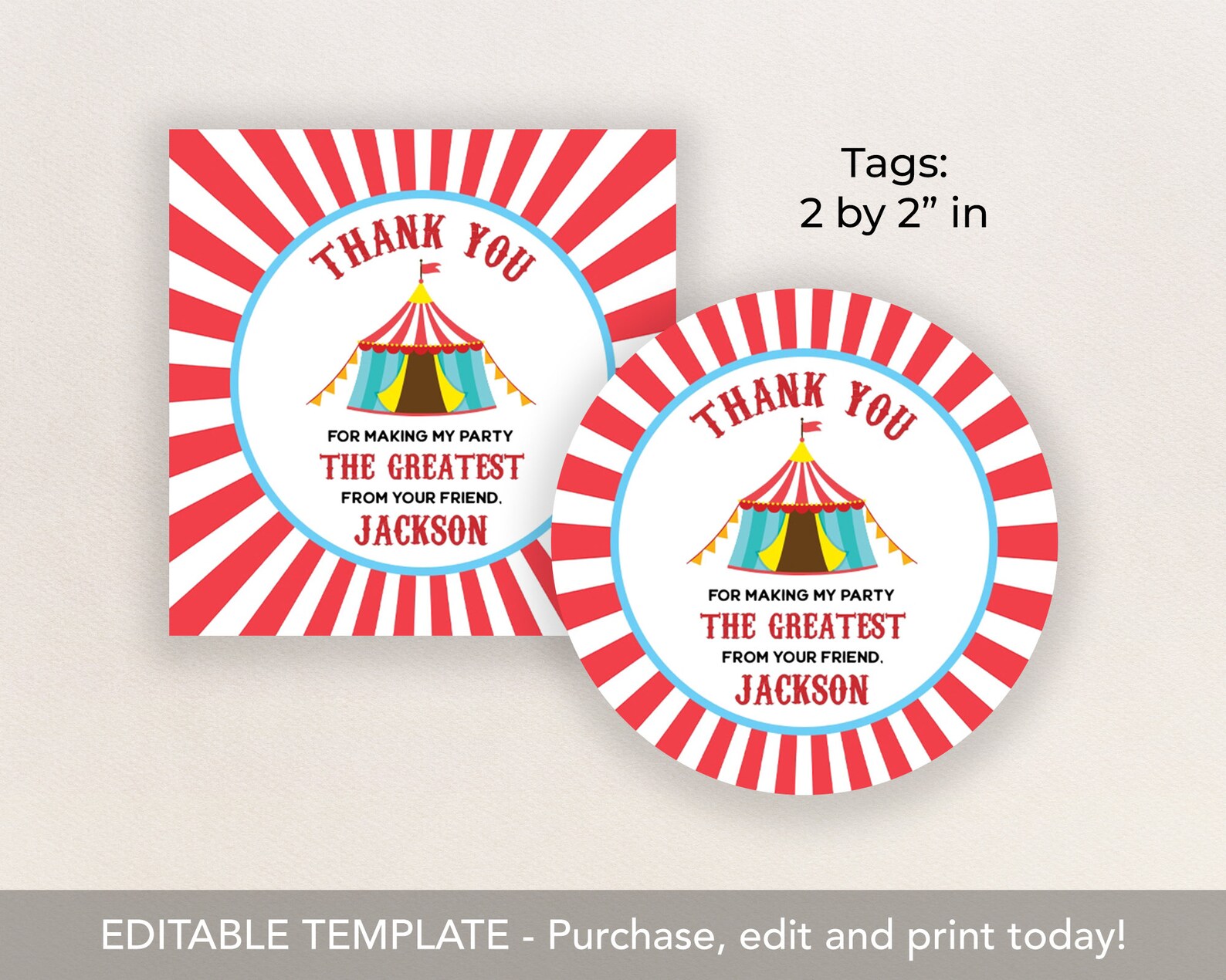 EDITABLE Carnival Birthday Round Gift Tag, Circus Party Favor Template ...