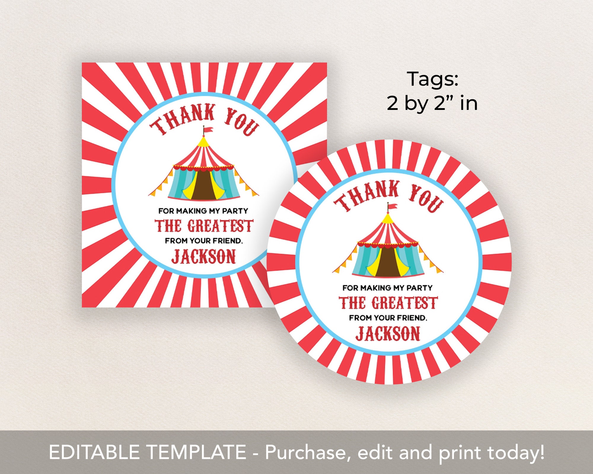 EDITABLE Carnival Birthday Round Gift Tag, Circus Party Favor Template ...