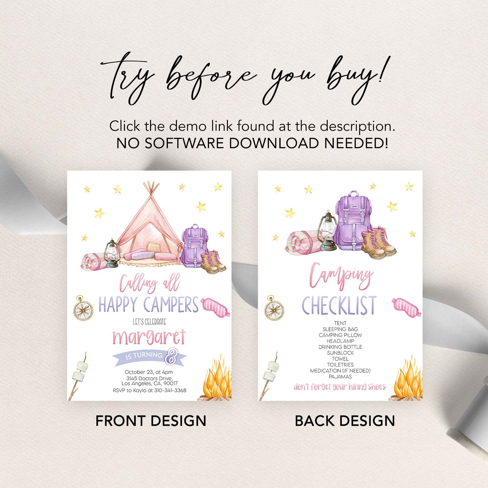 Camping Birthday Invitation, EDITABLE Girl Camp Party Invite, Camp Out ...