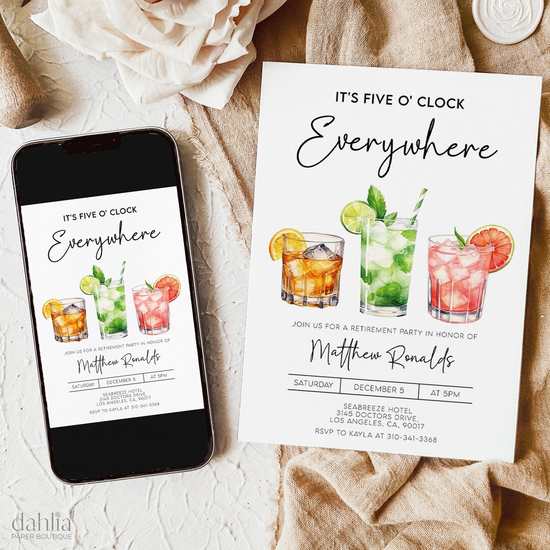 It's Five O'clock Everywhere Retirement Invitation, Editable Adult ...