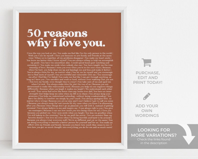 EDITABLE Reasons Why I Love You Template Printable Sign Gift | Etsy