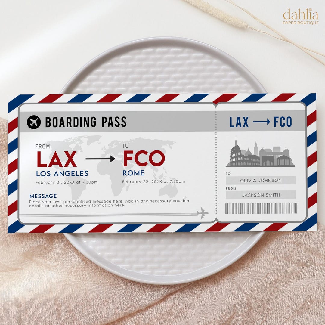Rome Boarding Pass Ticket, Editable Surprise Trip Rome Gift Voucher ...