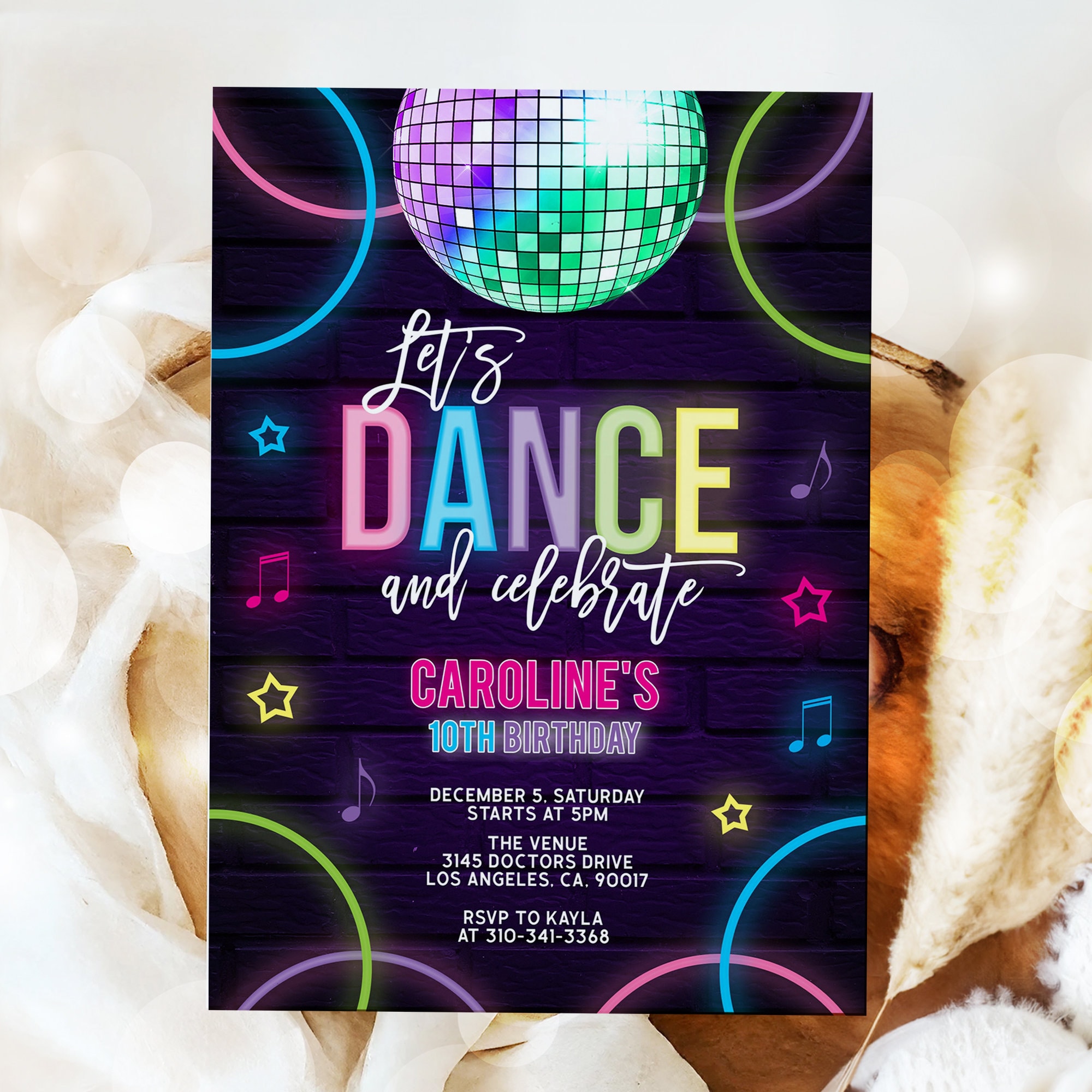 EDITABLE Dance Party Invitation, Disco Birthday Invite, Glow Neon ...